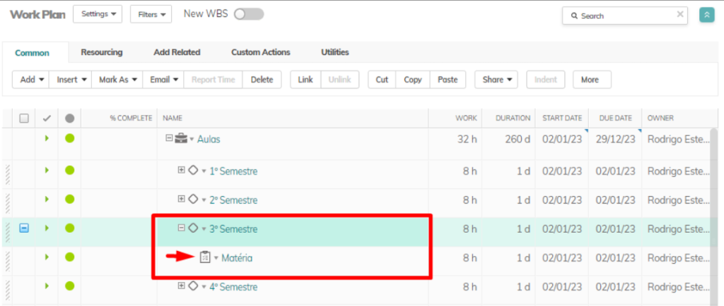 Plano de Trabalho de Projetos usando o Planview Adaptive Work.