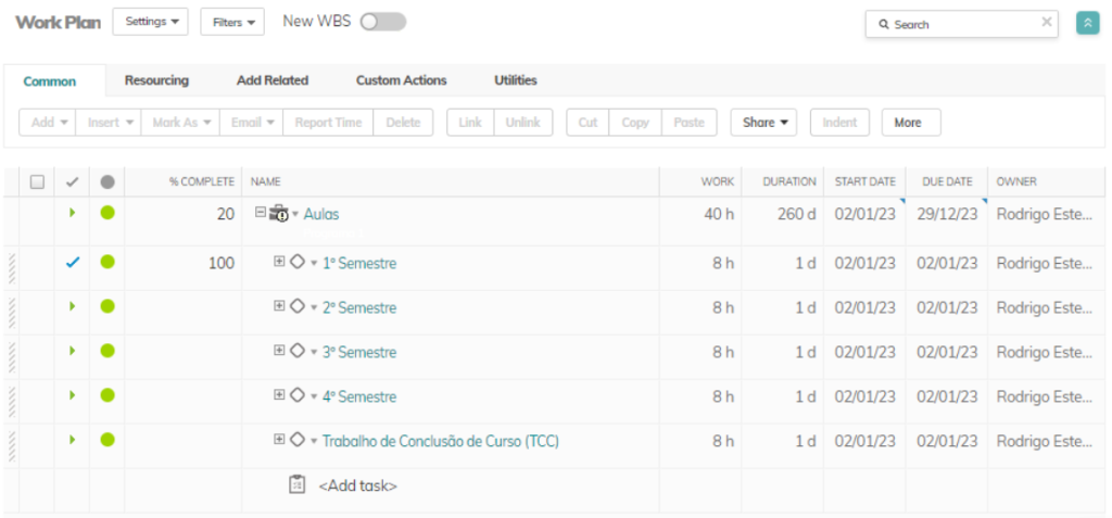 Plano de Trabalho de Projetos usando o Planview Adaptive Work.